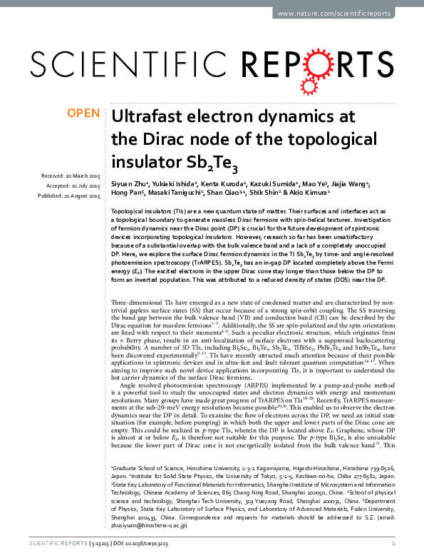 (PDF) Ultrafast electron dynamics at the Dirac node of the topological insulator Sb2Te3
