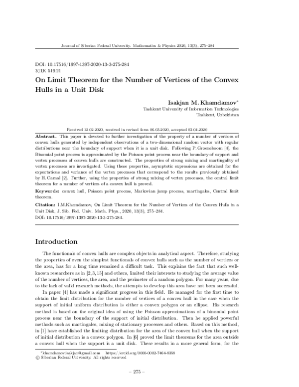 (PDF) On Limit Theorem for the Number of Vertices of the Convex Hulls in a Unit Disk