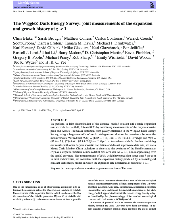 (PDF) The WiggleZ Dark Energy Survey: joint measurements of the ...