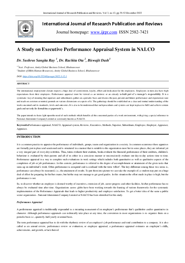 (PDF) A Study on Executive Performance Appraisal System in NALCO