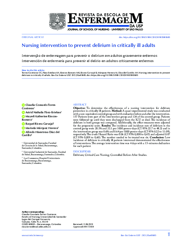 (PDF) Nursing intervention to prevent delirium in critically ill adults