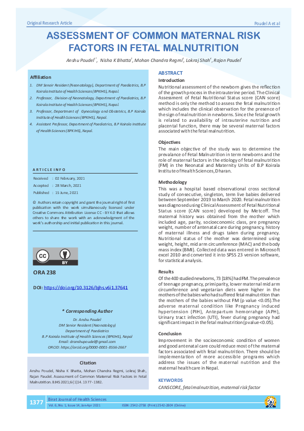 (PDF) Assessment of Common Maternal Risk Factors in Fetal Malnutrition