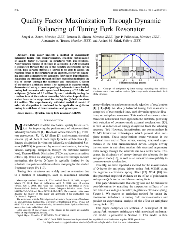 (PDF) Quality Factor Maximization Through Dynamic Balancing of Tuning Fork Resonator