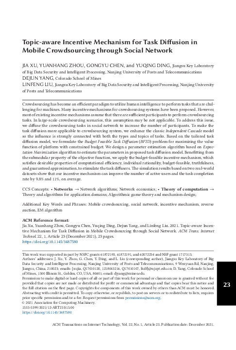 (PDF) Topic-aware Incentive Mechanism for Task Diffusion in Mobile Crowdsourcing through Social ...