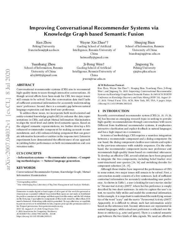 (PDF) Improving Conversational Recommender Systems via Knowledge Graph based Semantic Fusion