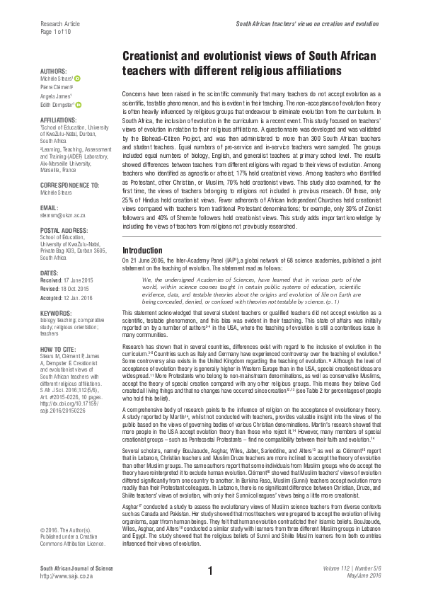 (PDF) Creationist and evolutionist views of South African teachers with ...