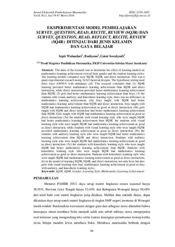 (PDF) Eksperimentasi Model Pembelajaran Survey, Question, Read, Recite ...