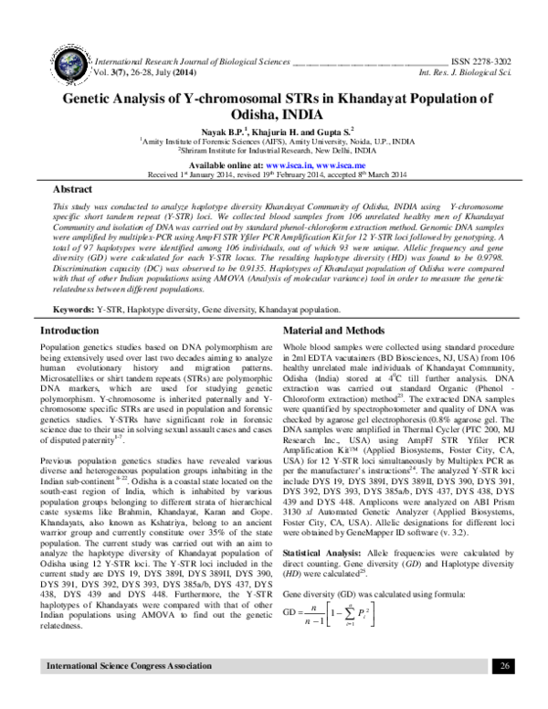 (PDF) Genetic Analysis of Y-chromosomal STRs in Khandayat Population of Odisha, INDIA
