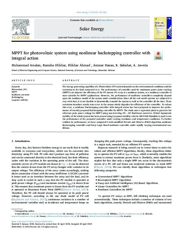 (PDF) MPPT for photovoltaic system using nonlinear backstepping controller with integral action