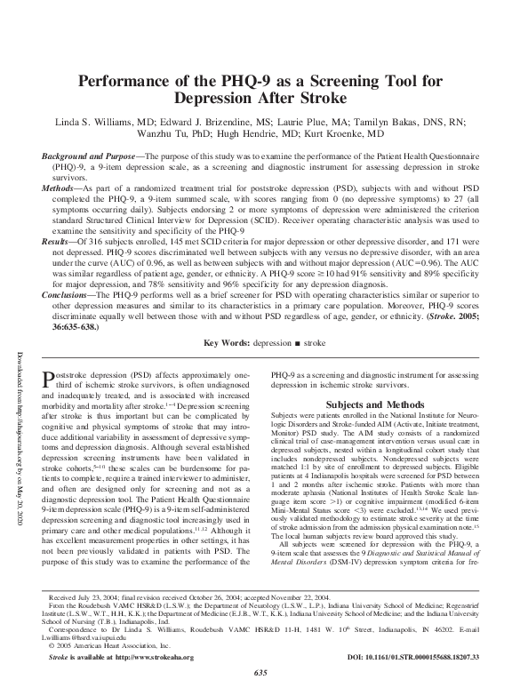 (PDF) Performance of the PHQ-9 as a Screening Tool for Depression After Stroke