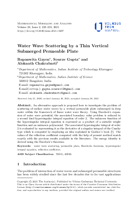 (PDF) Water Wave Scattering by a Thin Vertical Submerged Permeable Plate