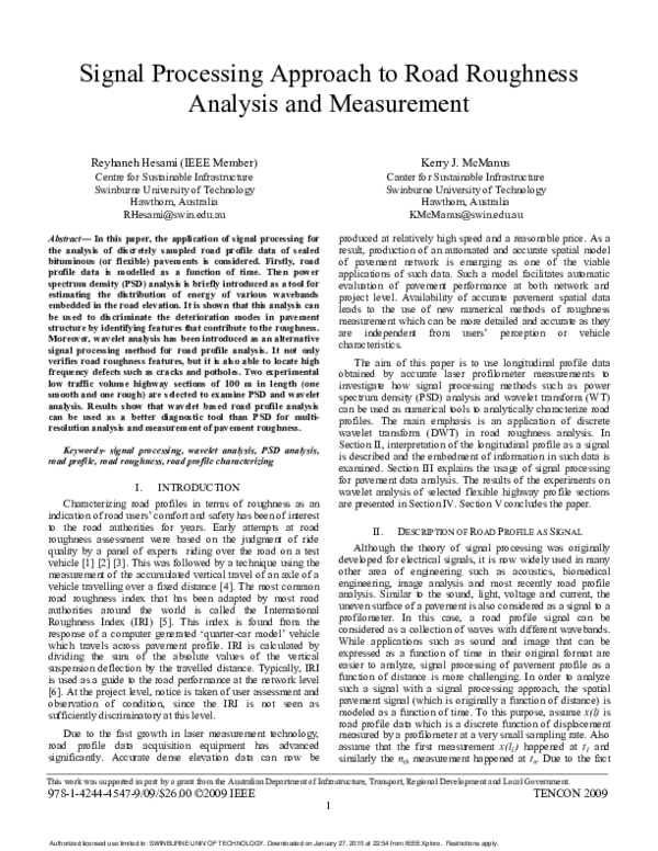 (PDF) Signal processing approach to road roughness analysis and measurement