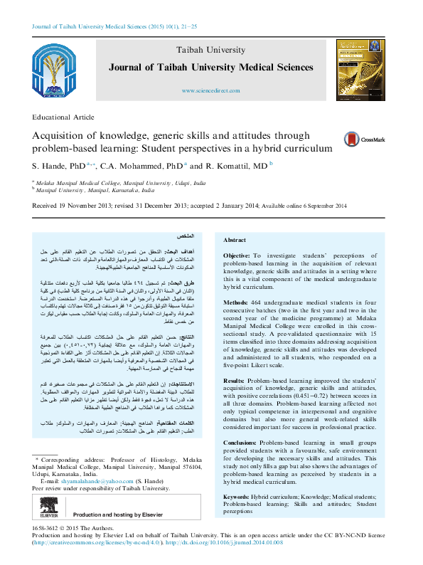 (PDF) Acquisition of knowledge, generic skills and attitudes through problem-based learning ...