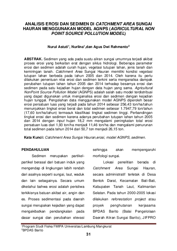 (PDF) Analisis Erosi Dan Sedimen DI Catchment Area Sungai Hauran Menggunakan Model Agnps ...