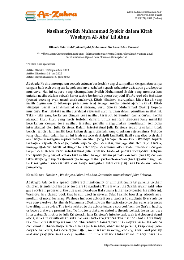 (PDF) Nasihat Syeikh Muhammad Syakir dalam Kitab Washoya Al- Abâ Lil Abnâ