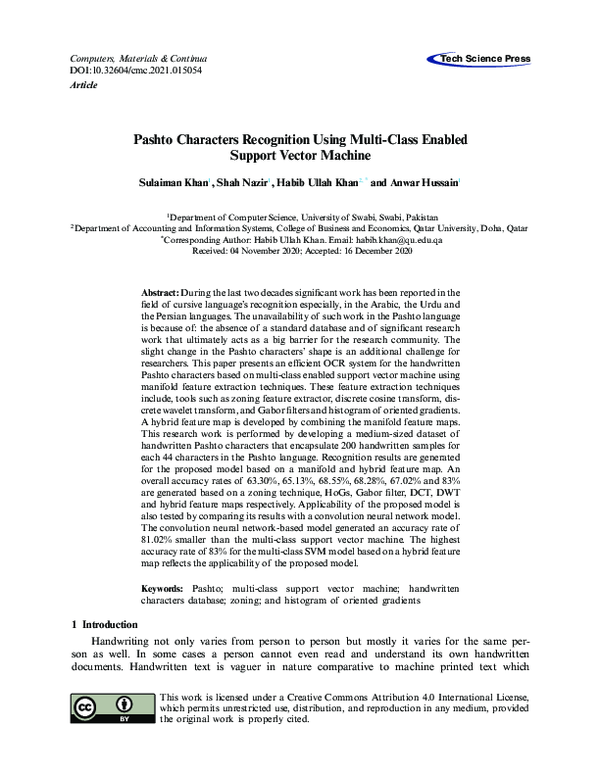 Pdf Pashto Characters Recognition Using Multi Class Enabled Support
