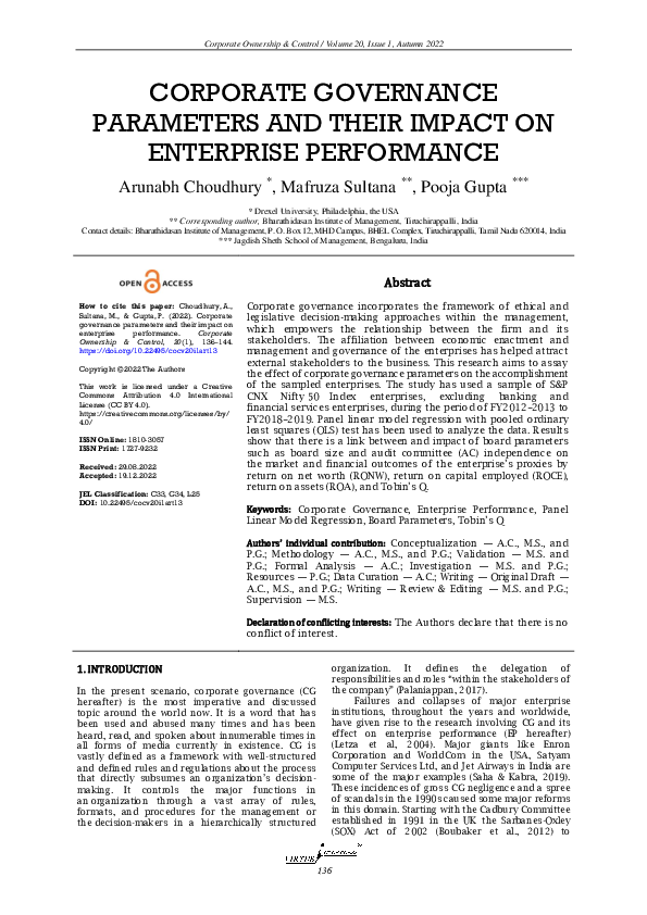 (PDF) Corporate governance parameters and their impact on enterprise performance