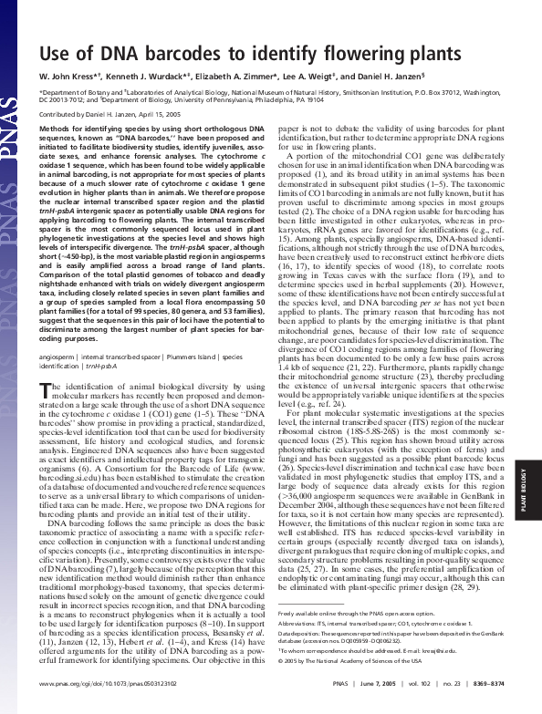 (PDF) Use of DNA barcodes to identify flowering plants