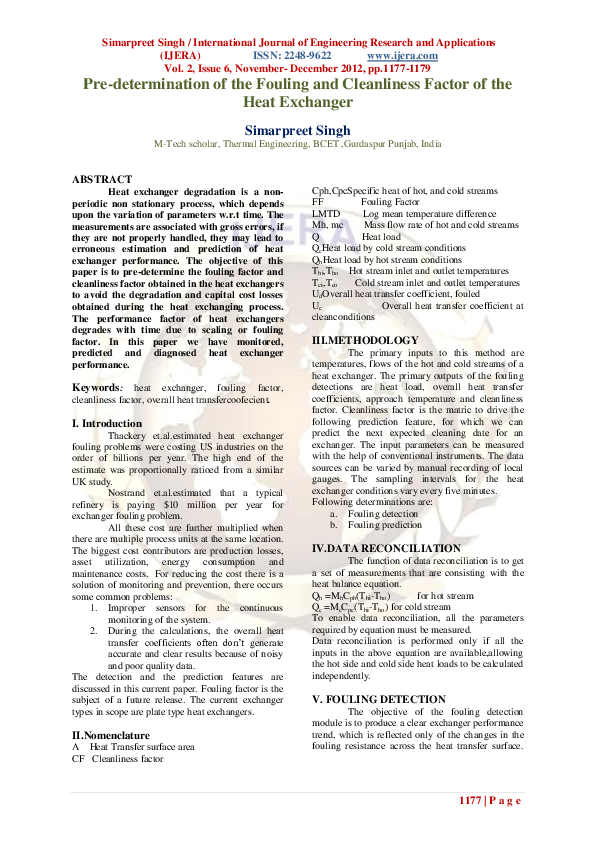 (PDF) Pre-determination of the Fouling and Cleanliness Factor of the Heat Exchanger | Simarpreet ...