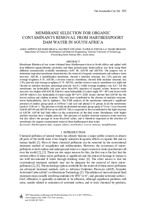 (PDF) Membrane Selection for Organic Contaminants Removal from Hartbeespoort Dam Water in South ...