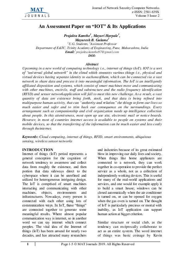 (PDF) An Assessment Paper on "IOT" & Its Applications