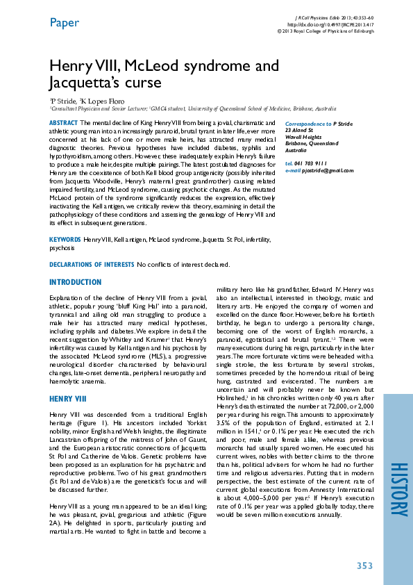 (PDF) Henry VIII, McLeod syndrome and Jacquetta’s curse