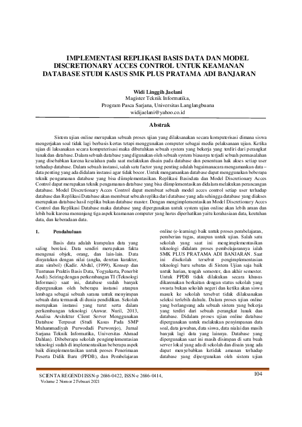 (PDF) Implementasi Replikasi Basis Data Dan Model Discretionary Acces ...