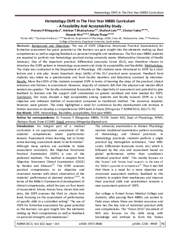 (PDF) Hematology OSPE In The First Year MBBS Curriculum-A Feasibility And Acceptability Study