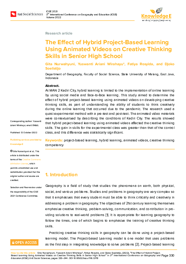 (PDF) The Effect of Hybrid Project-Based Learning Using Animated Videos on Creative Thinking ...