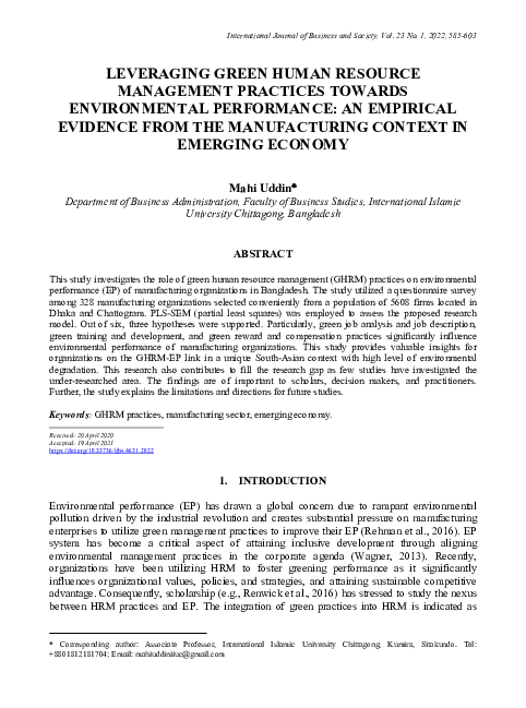 Pdf Leveraging Green Human Resource Management Practices Towards Environmental Performance An