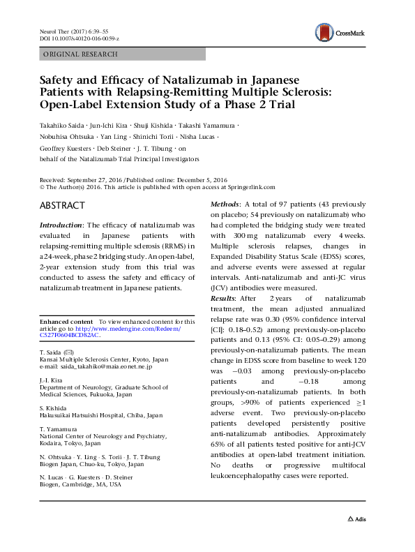 (PDF) Safety and Efficacy of Natalizumab in Japanese Patients with ...