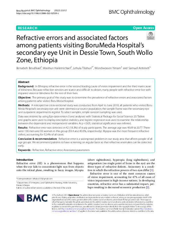 (PDF) Refractive errors and associated factors among patients visiting BoruMeda Hospital’s ...