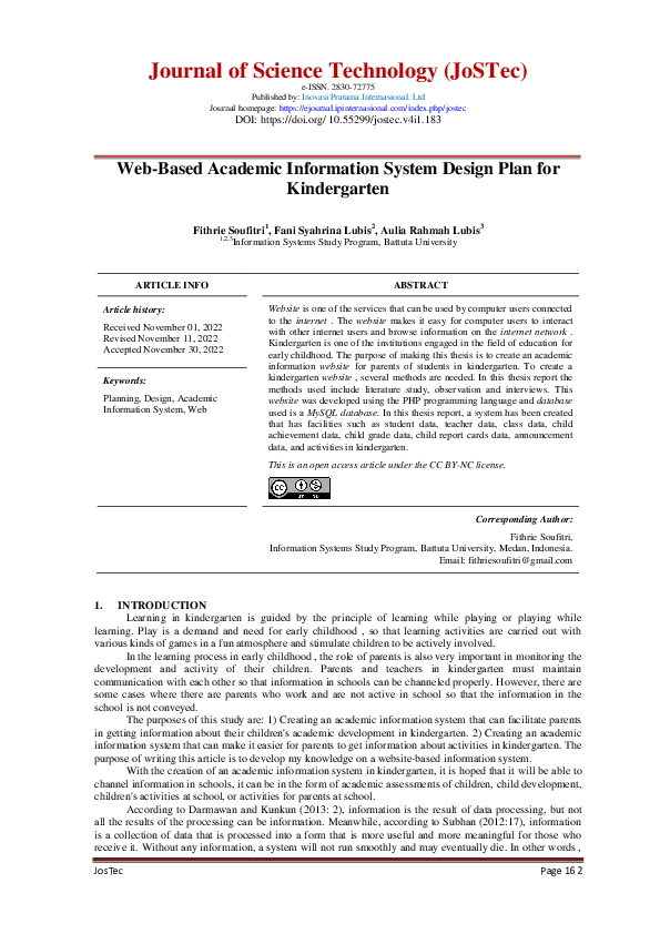 Pdf Web Based Academic Information System Design Plan For Kindergarten