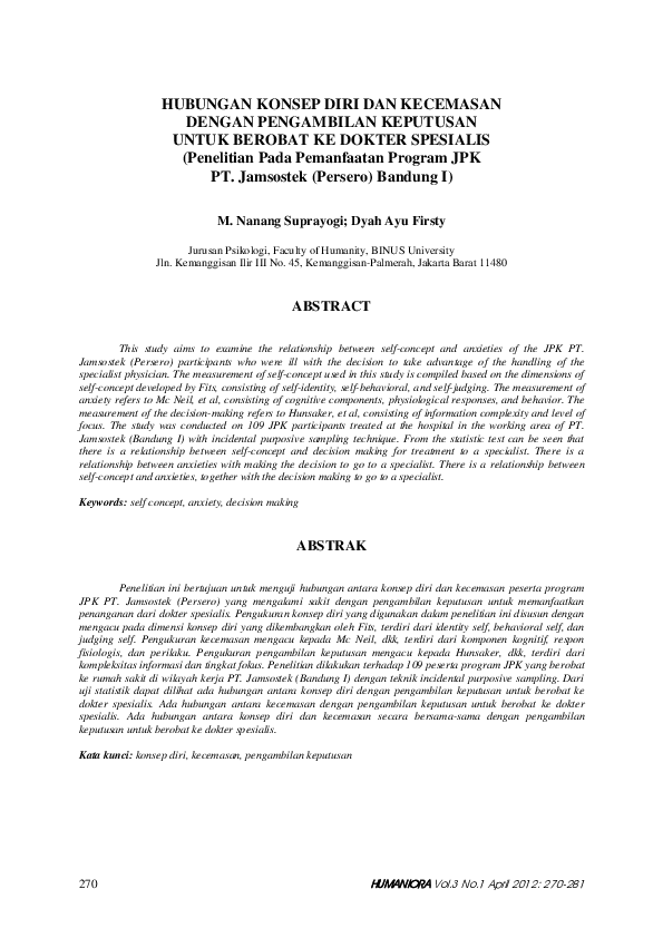 (PDF) Hubungan Konsep Diri dan Kecemasan dengan Pengambilan Keputusan untuk Berobat ke Dokter ...