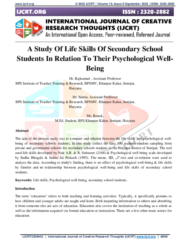 (PDF) A Study Of Life Skills Of Secondary School Students In Relation ...