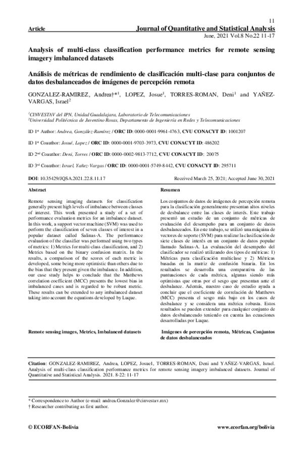 Analysis Of Multi Class Classification Performance Metrics For Remote