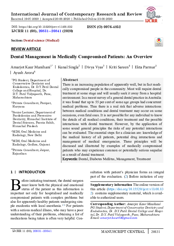 (PDF) Dental Management in Medically Compromised Patients : An Overview