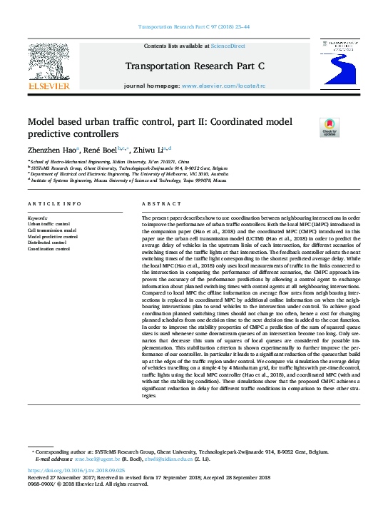 Pdf Model Based Urban Traffic Control Part Ii Coordinated Model Predictive Controllers