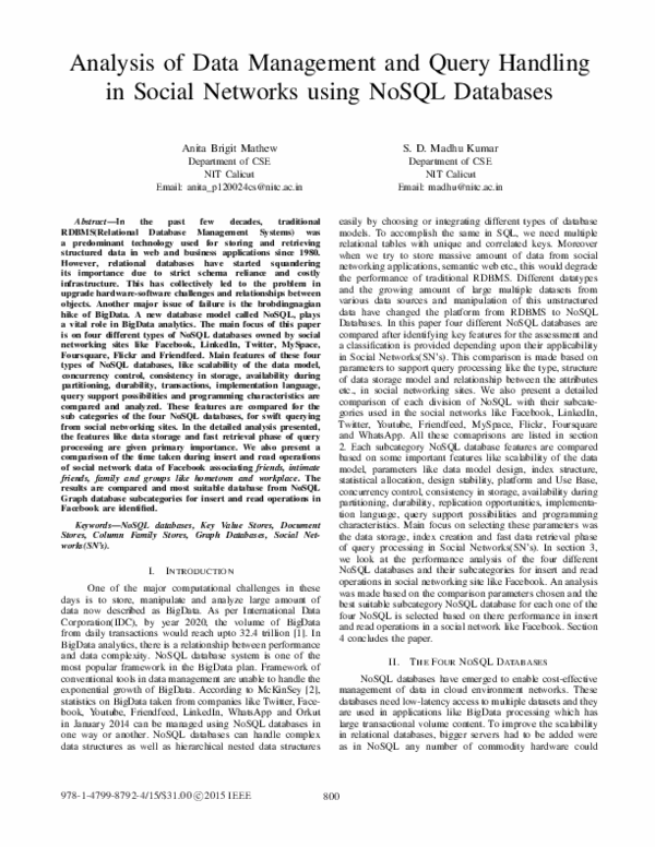 Pdf Analysis Of Data Management And Query Handling In Social Networks Using Nosql Databases