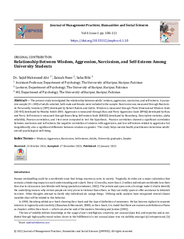 (PDF) Relationship Between Wisdom, Aggression, Narcissism, and Self-Esteem Among University Students