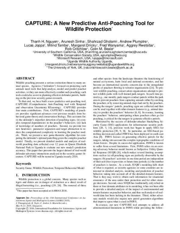 (PDF) CAPTURE: A New Predictive Anti-Poaching Tool for Wildlife Protection
