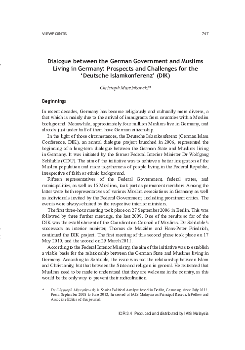 (PDF) Dialogue between the German Government and Muslims Living in ...