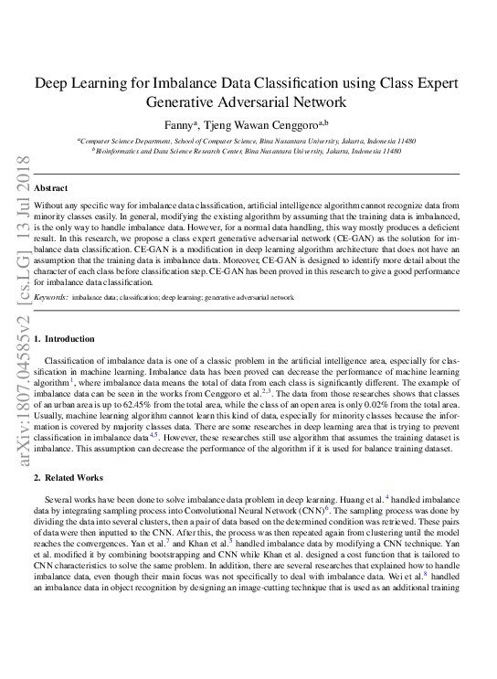 Pdf Deep Learning For Imbalance Data Classification Using Class Expert Generative Adversarial