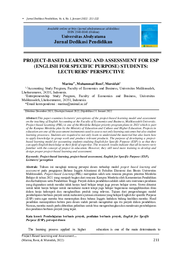 (PDF) Project-Based Assessment for Esp (English for Specific Purpose) Students: Lecturers ...