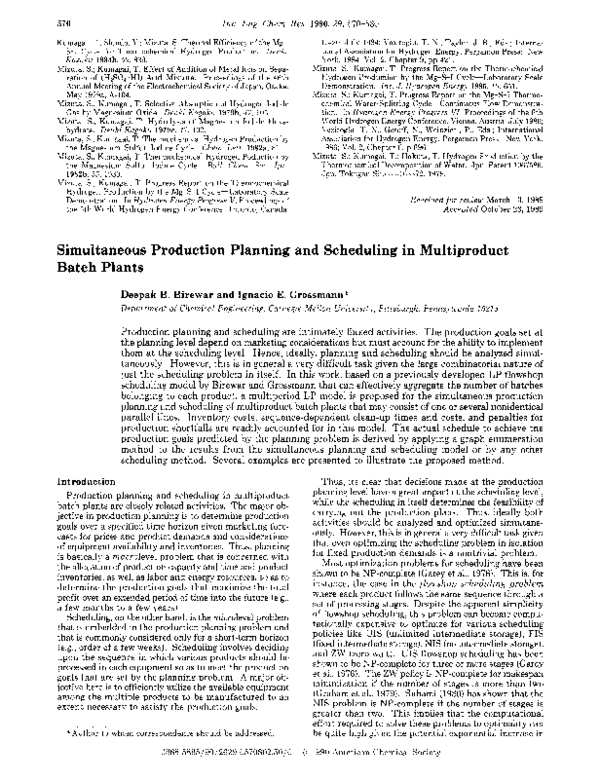 Pdf Simultaneous Production Planning And Scheduling In Multiproduct Batch Plants Ignacio 