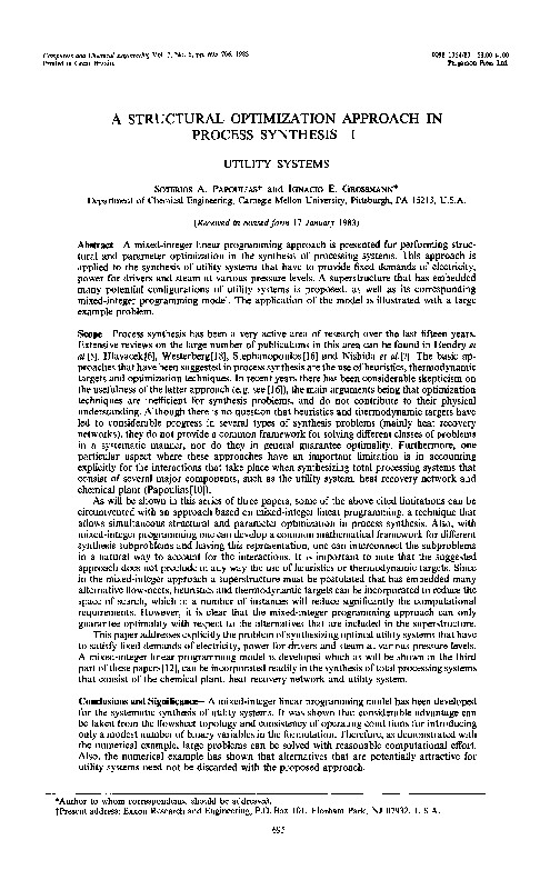 Pdf A Structural Optimization Approach In Process Synthesis—i