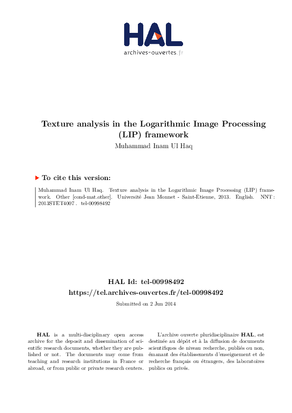 Pdf Texture Analysis In The Logarithmic Image Processing Lip Framework