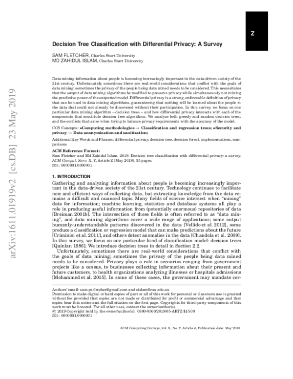 (PDF) Decision Tree Classification with Differential Privacy