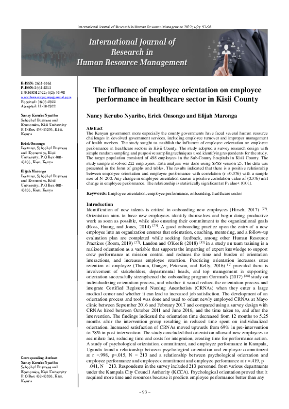 (PDF) The influence of employee orientation on employee performance in ...