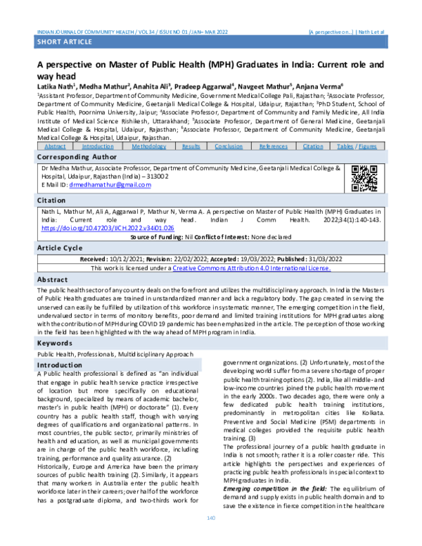 (PDF) A perspective on Master of Public Health (MPH) Graduates in India ...